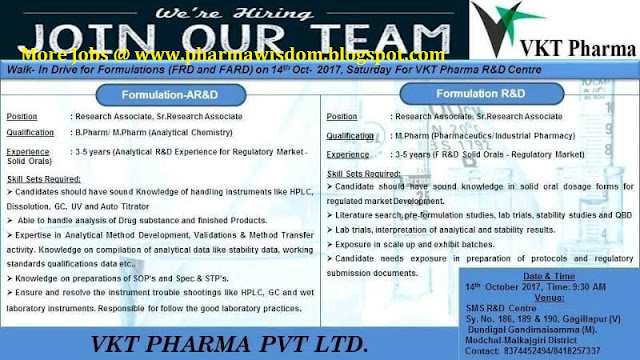 VKT Pharma Pvt. Ltd - Walk-In Drive for Formulations on 14th October ...