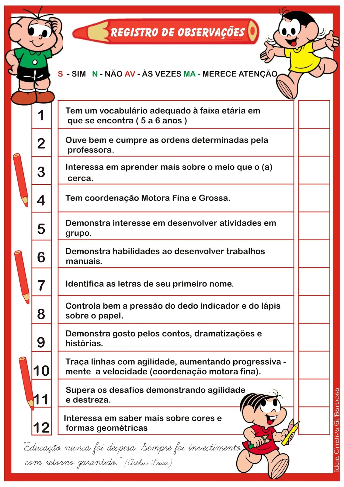 Ficha de Avaliação do Aluno - Registro de Observações | Ideia Criativa ...