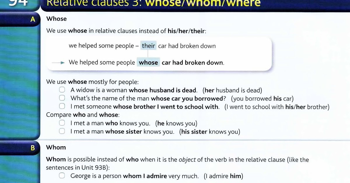 Unit 94: Relative clauses 3: whose/whom/where - English Grammar in Use