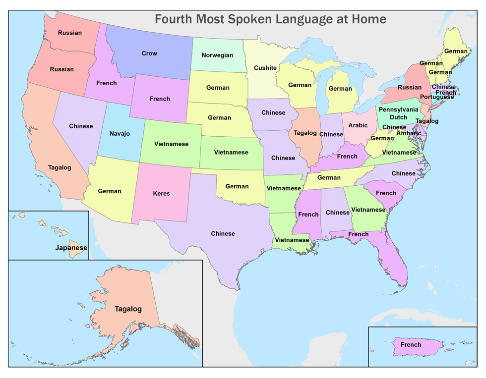 Second, third and fourth most spoken languages at home by US State ...