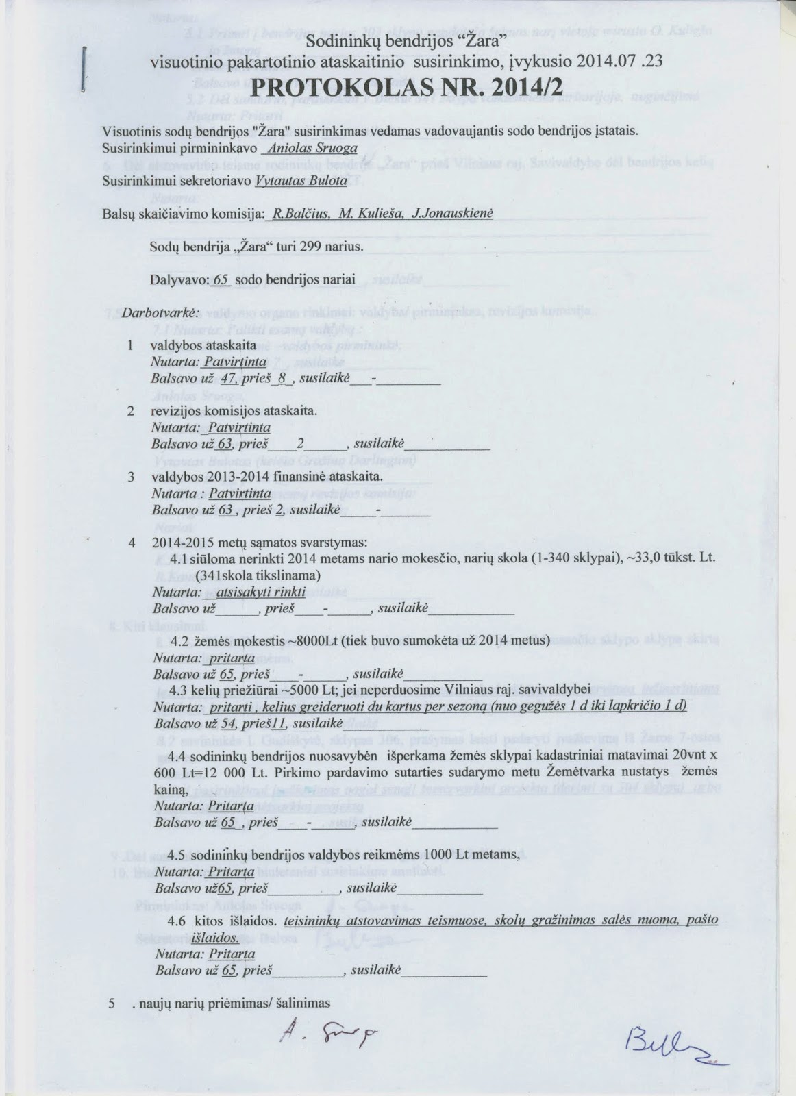 SODAS ŽARA (reviz. komisijos dok.): S/B ŽARA VISUOTINIO - PROTOKOLAS 2014