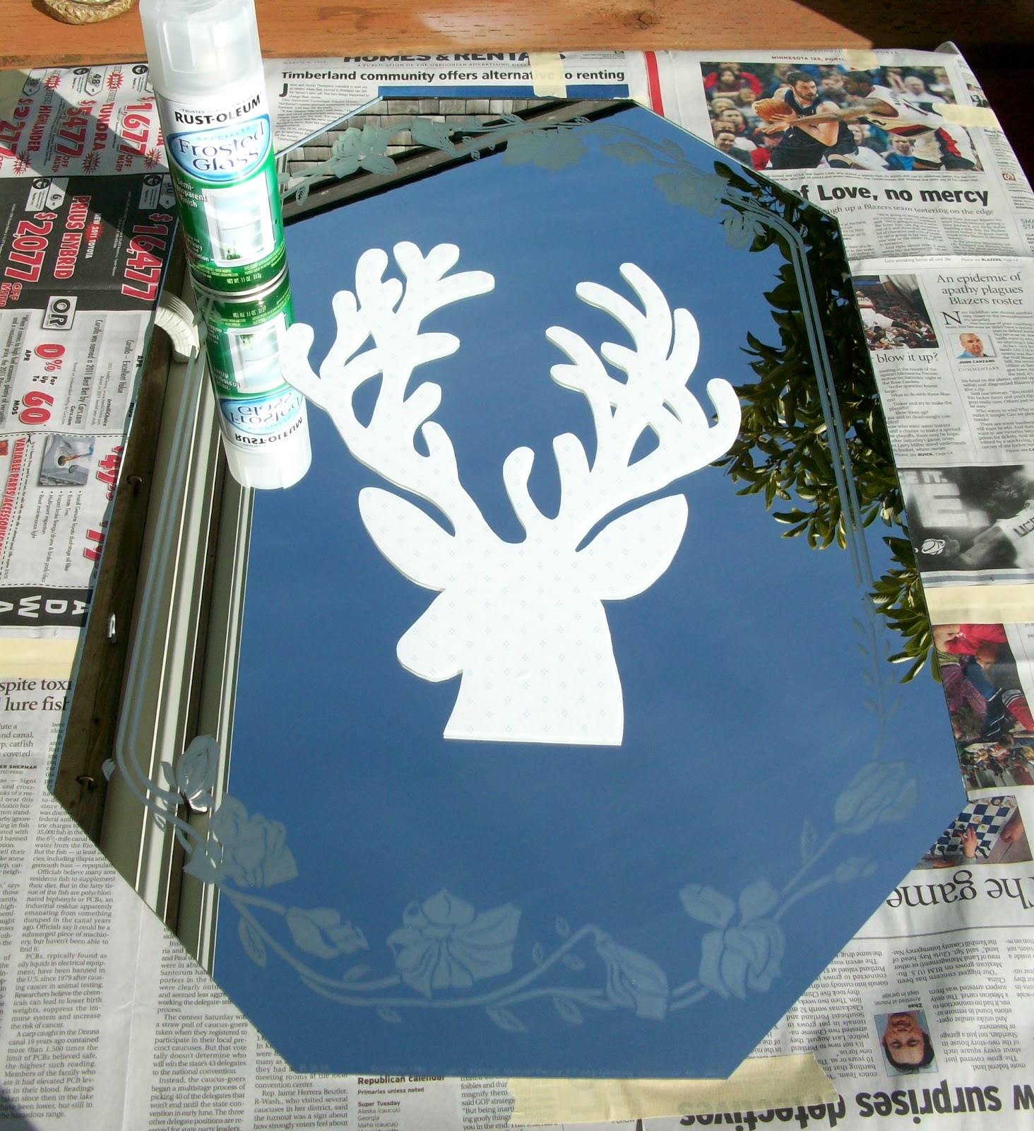 Then I applied 3 coats of Rust-oleum frosted glass to the mirror ...