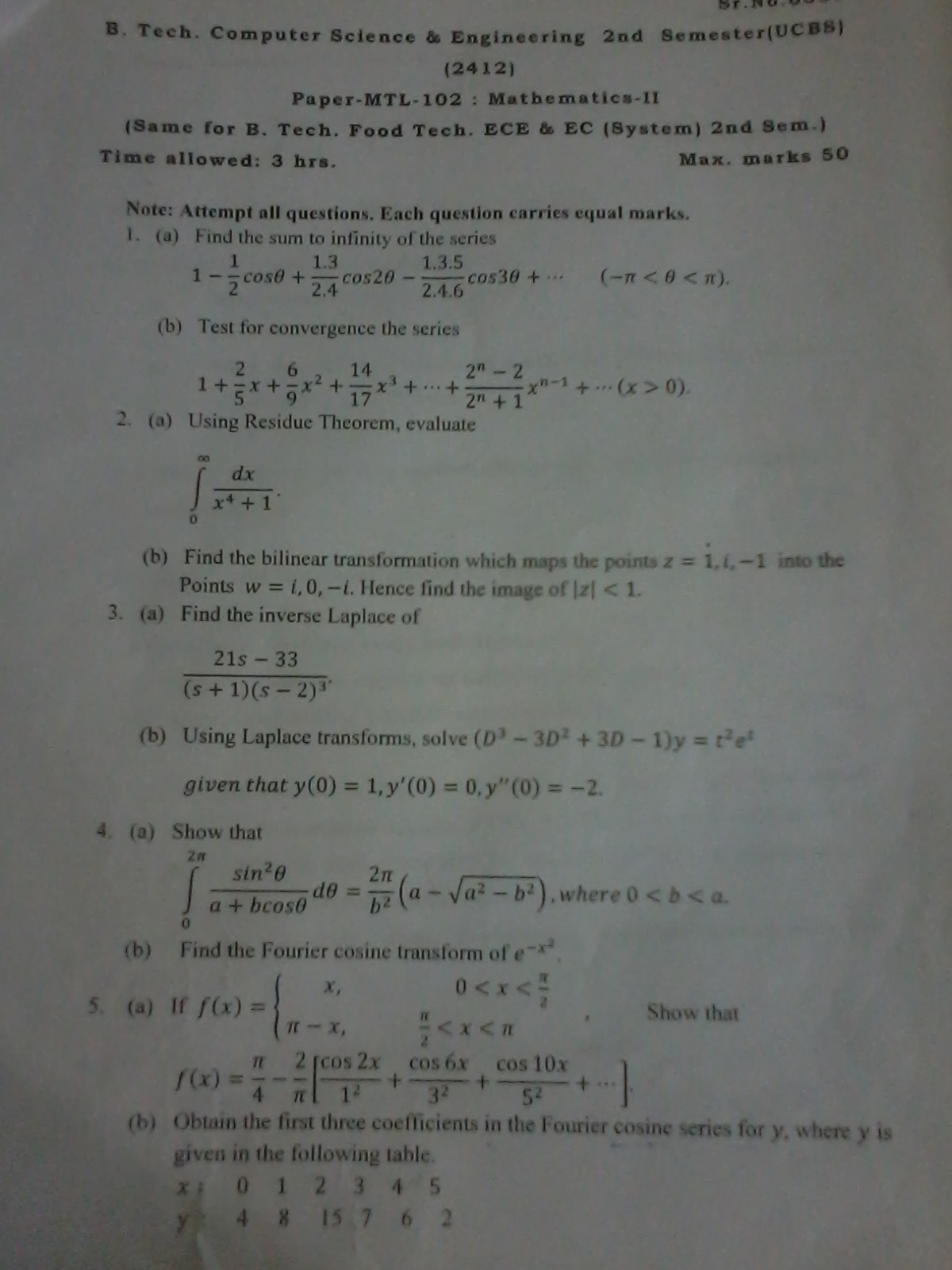 GNDU Mathematics- II Question Paper of B.Tech Computer Science and ...