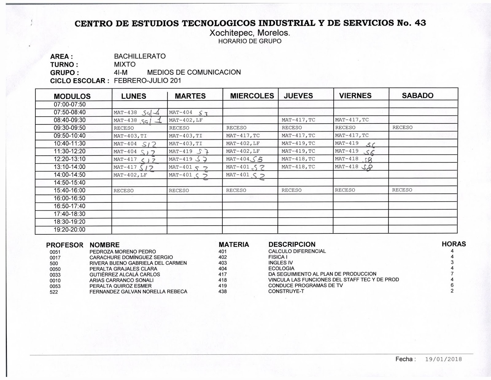CETis 43 : HORARIOS 4to SEMESTRES