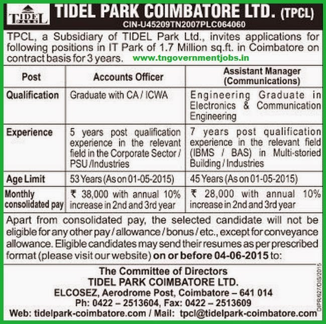 TIDEL Park Coimbatore Recruitments 2015 : Accounts Officer and ...