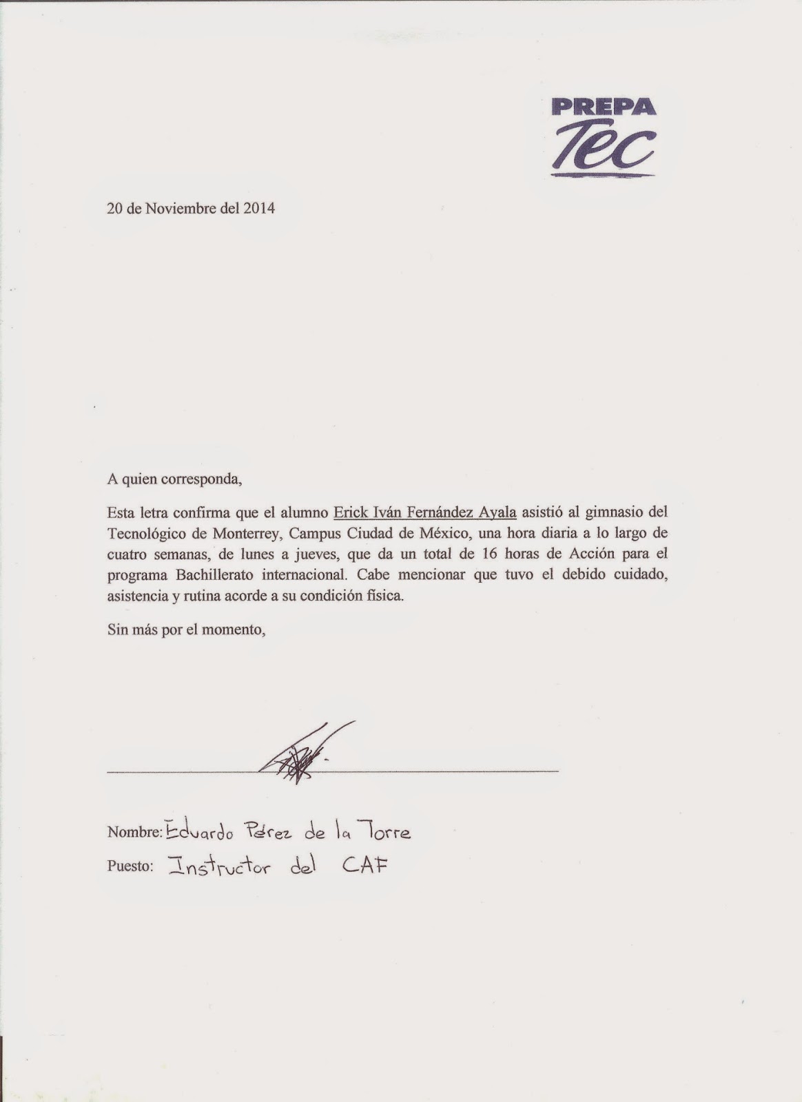 El blog de Erickin : Carta firmada de ida al gimnasio