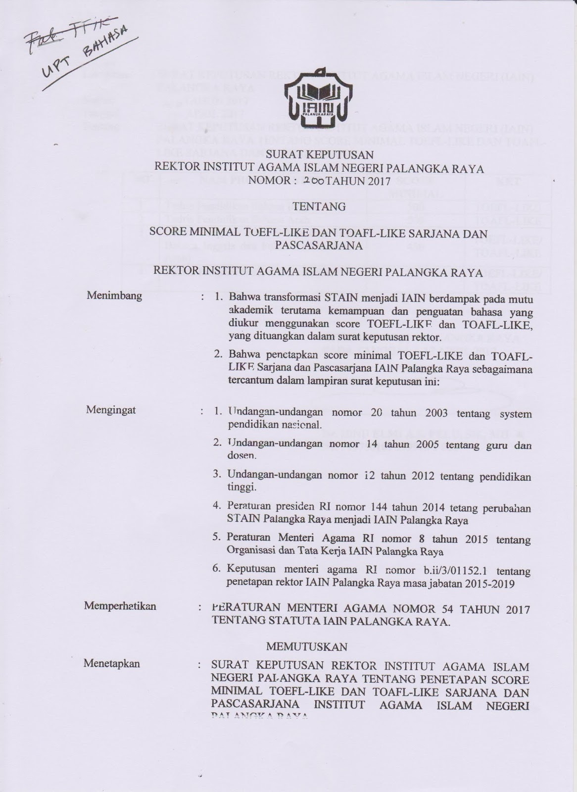 SURAT KEPUTUSAN REKTOR IAIN PALANGKA RAYA NOMOR 200 TAHUN 2017 Tentang ...