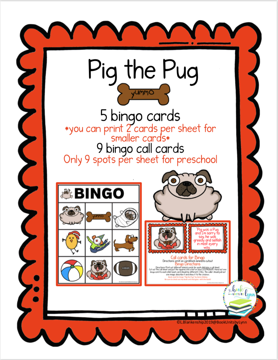 PIG THE PUG BINGO GAME ~ Book Units by Lynn