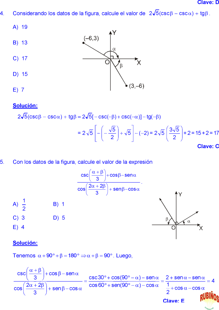 Ángulos en posición normal ejercicios resueltos de Razones trigonométricas