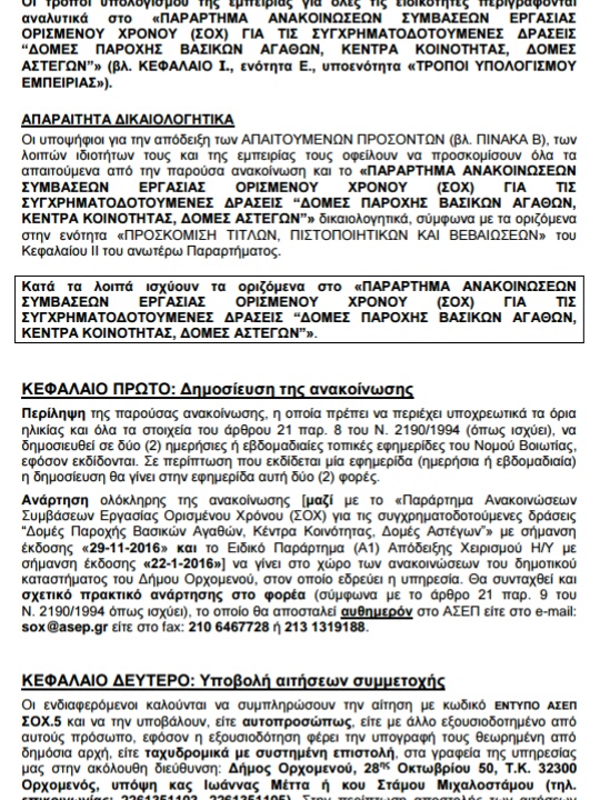 ΠΡΟΚΉΡΥΞΗ ΑΠΟ ΤΟ ΔΗΜΟ ΟΡΧΟΜΕΝΟΎ ΤΡΙΩΝ ΘΕΣΕΩΝ ΓΙΑ ΤΑ ΚΕΝΤΡΑ ΚΟΙΝΟΤΗΤΑΣ