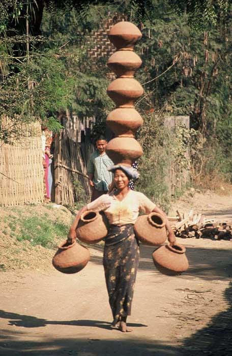 Myanmar Woman Life: How to carry 9 pots - Myanmar Life