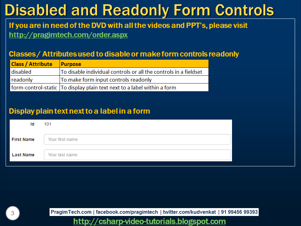 Sql server, .net and c# video tutorial: Bootstrap disabled and readonly form controls