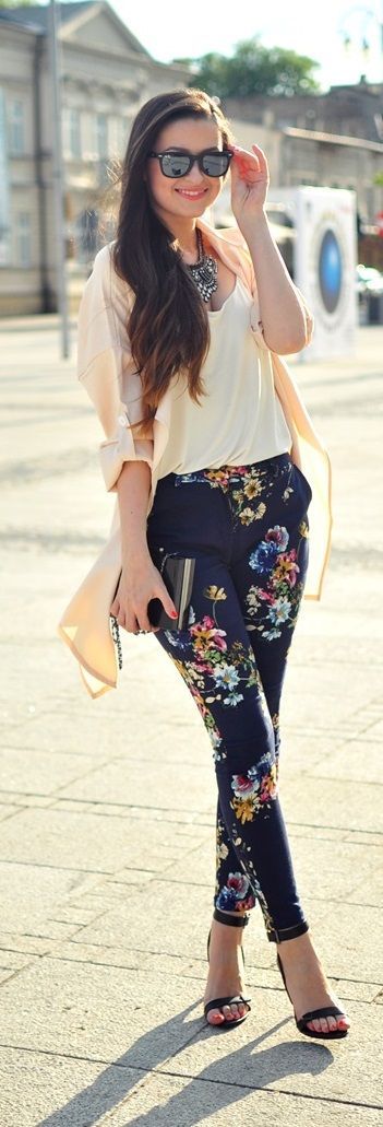 Style Know Hows: Dark navy blue floral patterned pants off-white shirt ...