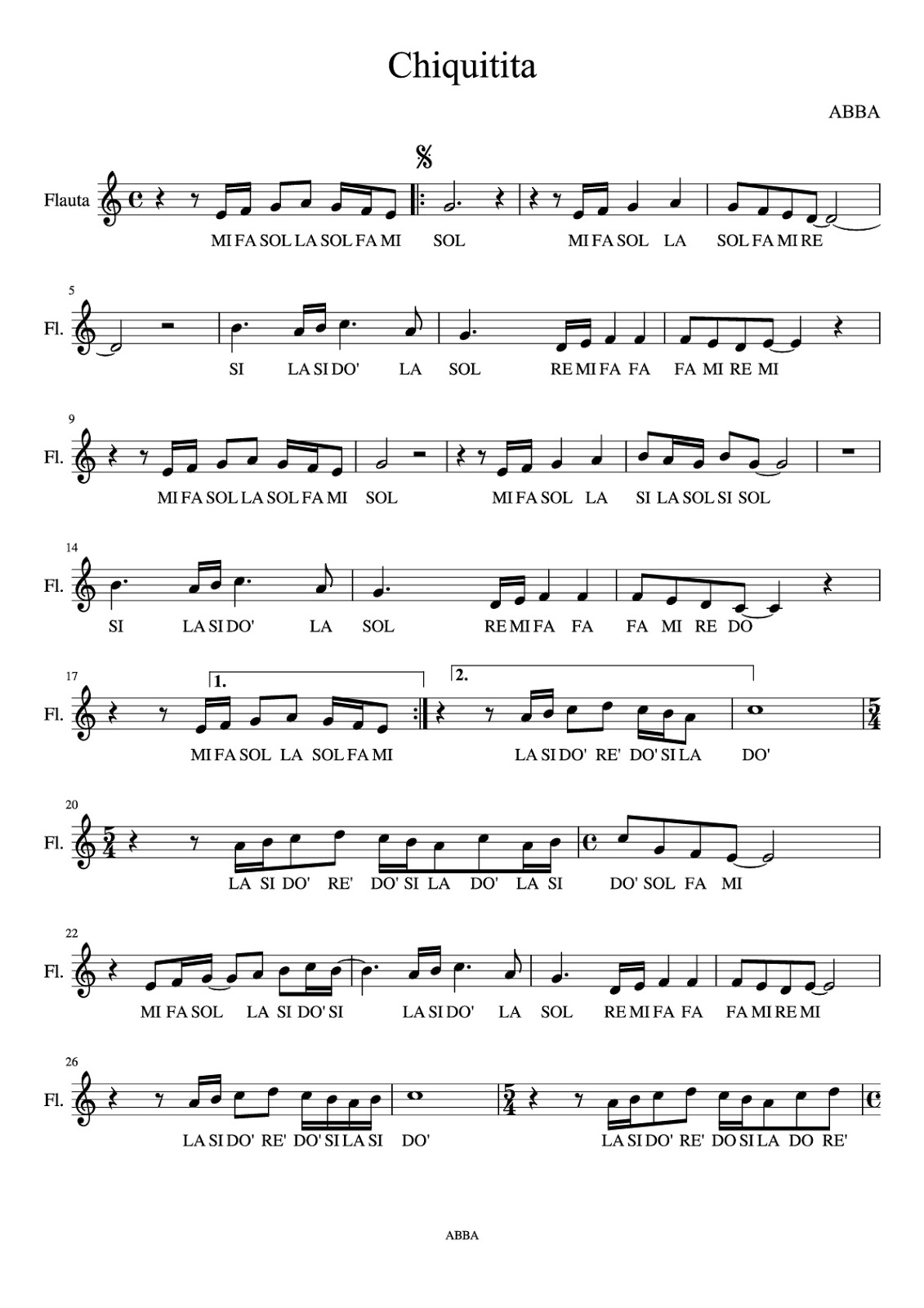 La clase de Música de Pedro: Partitura para flauta de "Chiquitita"