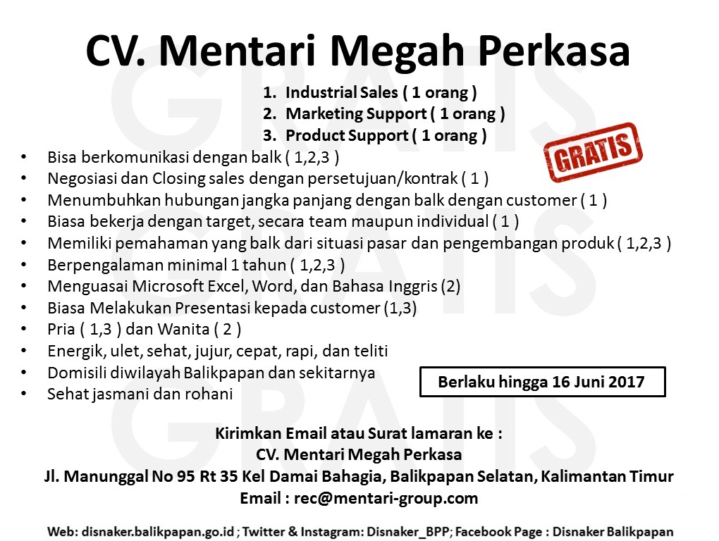 Lowongan Kerja Kota Balikpapan: Lowongan CV. Mentari Megah Perkasa