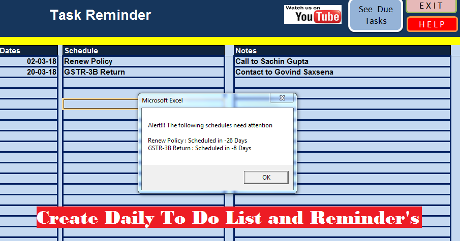 Best Task Reminder Software II To do List in Excel | Excel Shortcut Tools