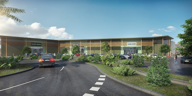 Perspective 3D d'une zone d'activité et centre commercial