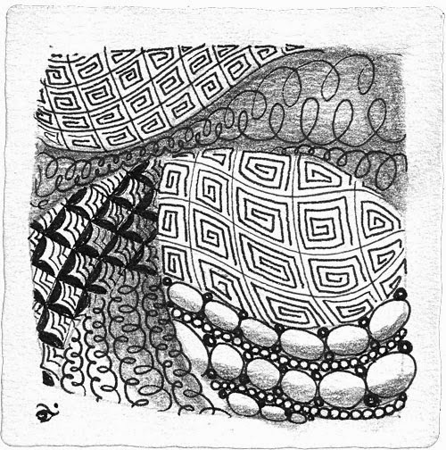 Zentangle string study with Emingle, Eke, Onamato and Warble
