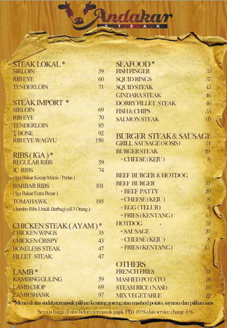 Daftar Harga Menu Andakar Steak Terbaru 2018