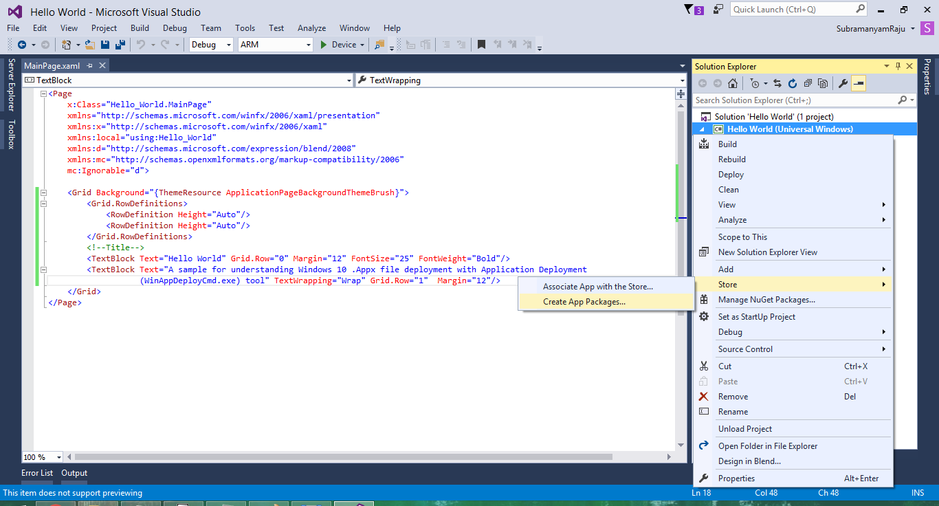 Step 1: Right click on your Project=>Store=>Create App Packages