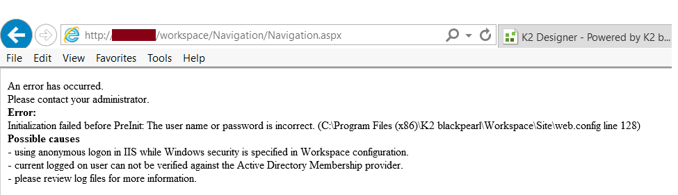 K2 Error Initialization Failed Before Preinit The User Name Or Password Is Incorrect