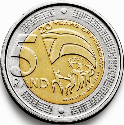 World Coin News: South Africa 5 rand 2014 - 20 years of Freedom