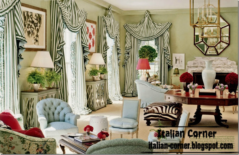 Luxury Italian curtain design from green striped curtain fabric