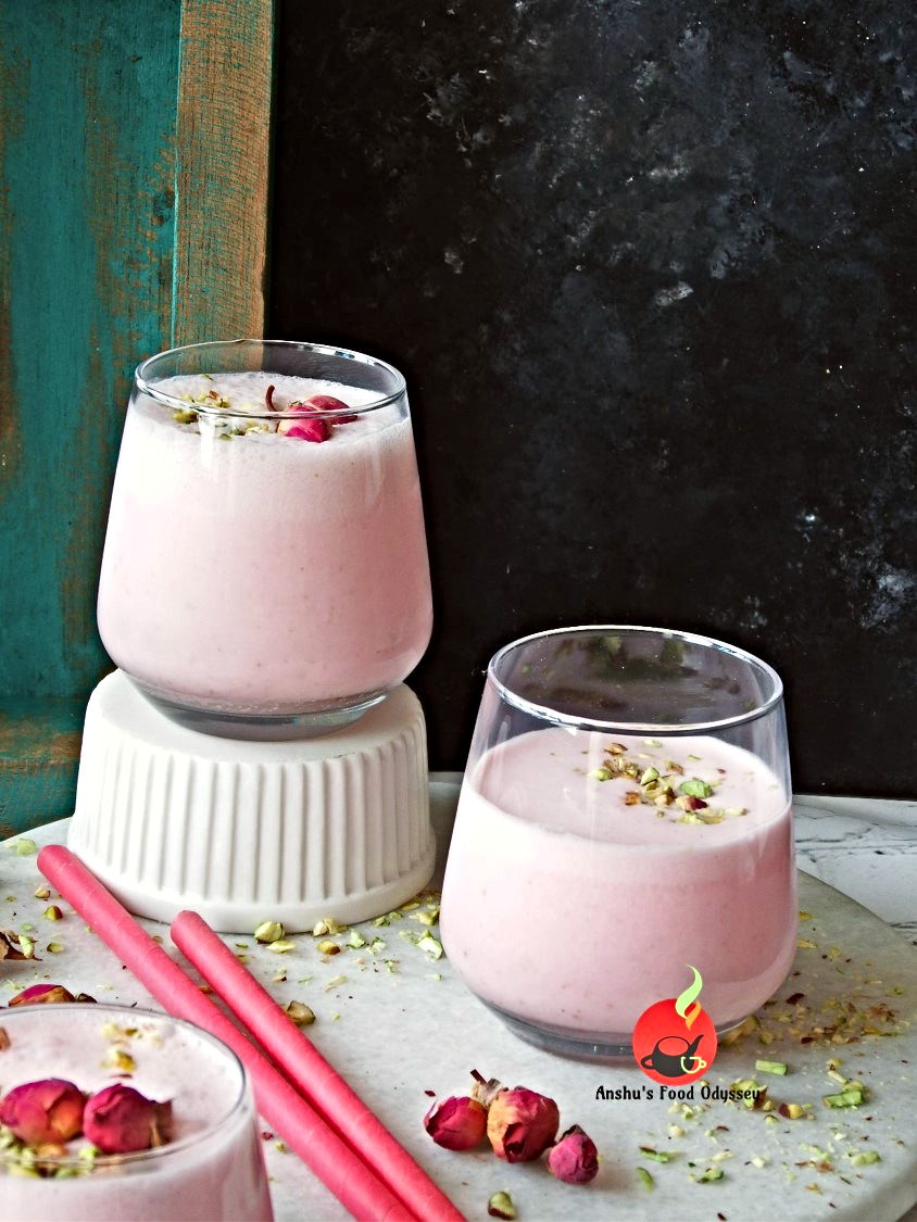 Almond Rose Lassi | Almond & Rose Flavored Yogurt Drink