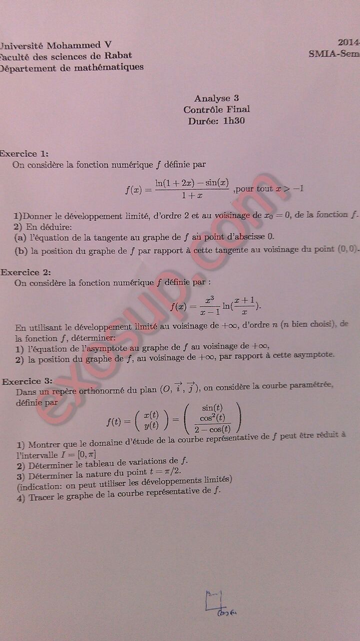 Corrigé contrôle final d'Analyse 3 SMIA S2-FSR-2014-2015 - ExoSup