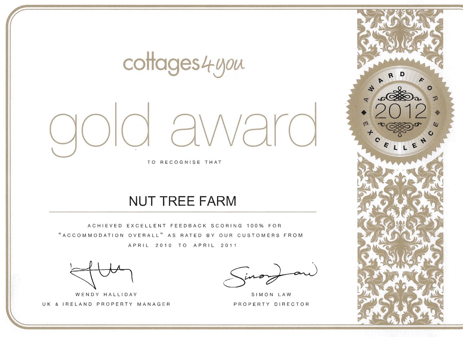 Nut Tree Farm wins Cottages4you Gold Award - Ashcombe Cottages