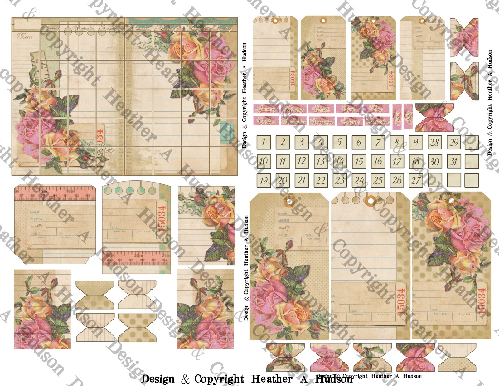 Heather A Hudson: Vintage Shabby Chic Calendar/ Journal Pages Digital Set
