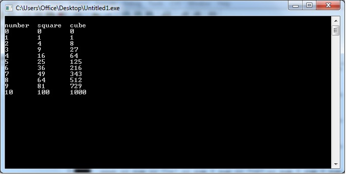 C++ For Beginners: program that calculates the squares and cubes of the ...