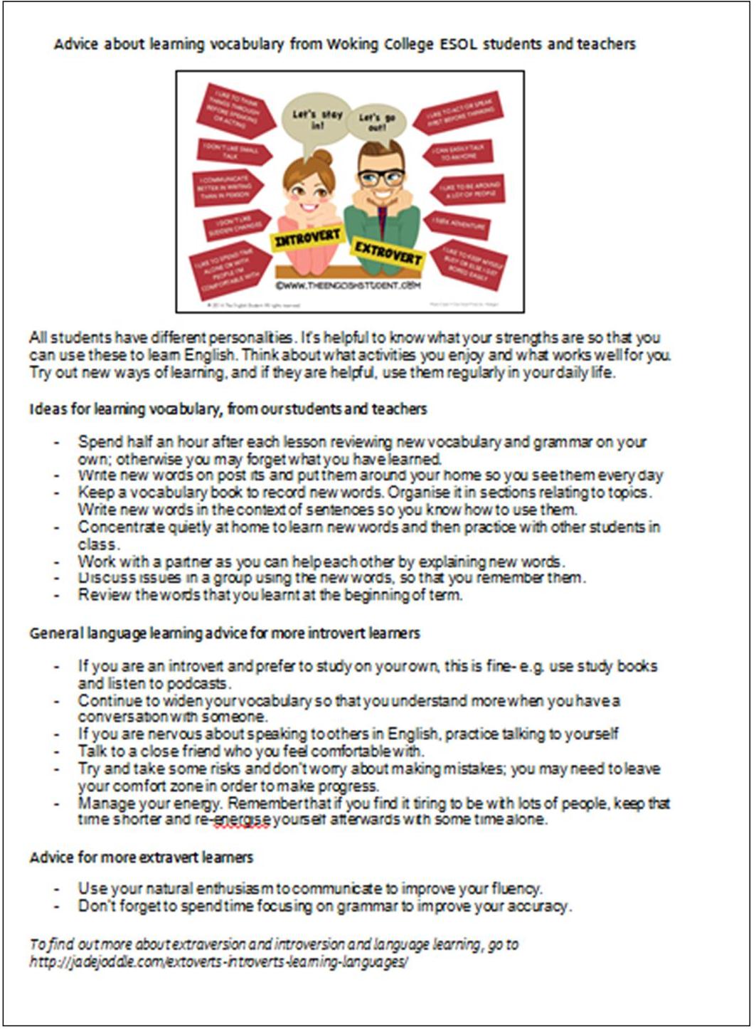 Personality and Vocabulary Learning in ESOL: Reflections and conclusions