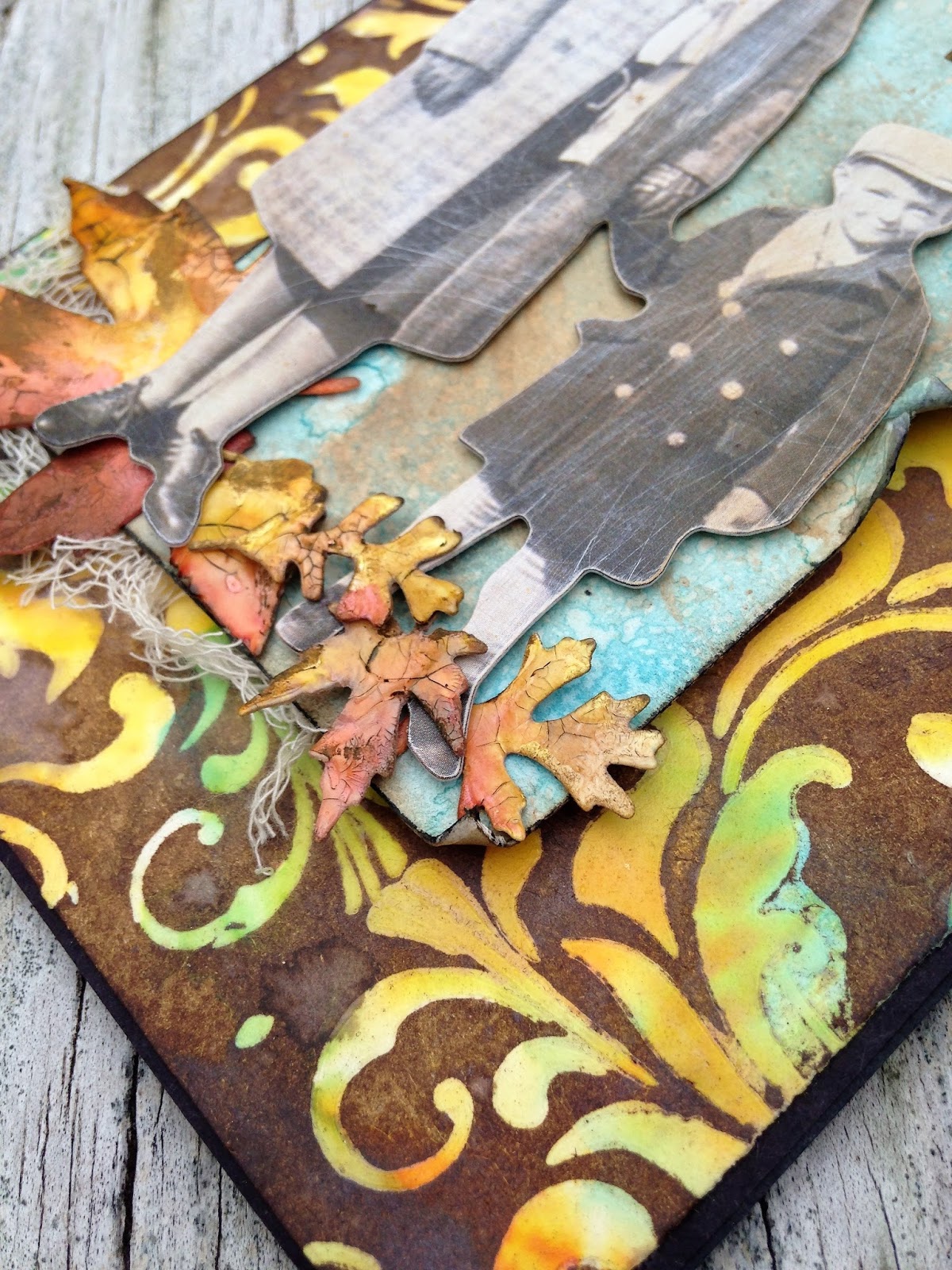 sarascloset: Autumn Leaves Mixed Media Card for A Vintage Journey