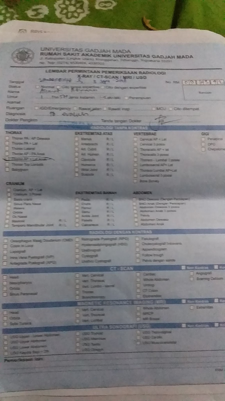 Contoh Lembar Permintaan Pemeriksaan Radiologi