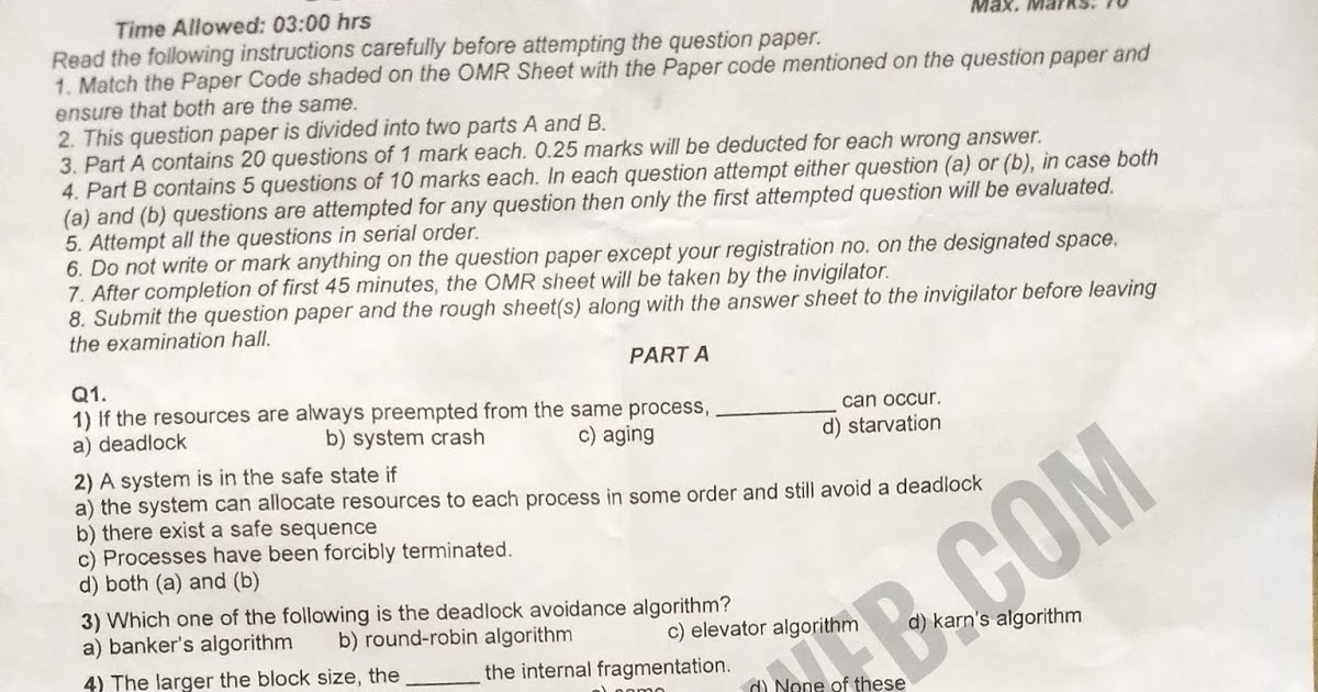 Cse316 Operating Systems End Term Lpu Exam Question Paper Cse 316 Cse316 Mcq And Subjective