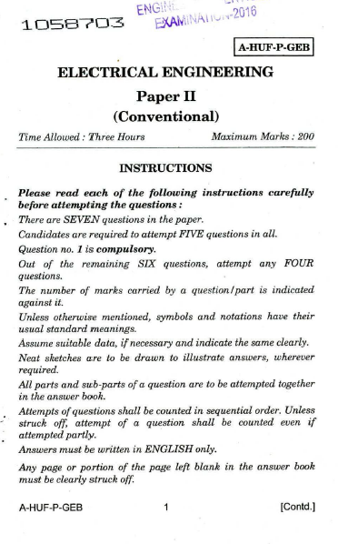 Engineering Services Exam Electrical Engineering Paper II 2016 Question ...