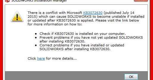 How to fix SOLIDWORKS errors caused by Microsoft update KB3072630 - test