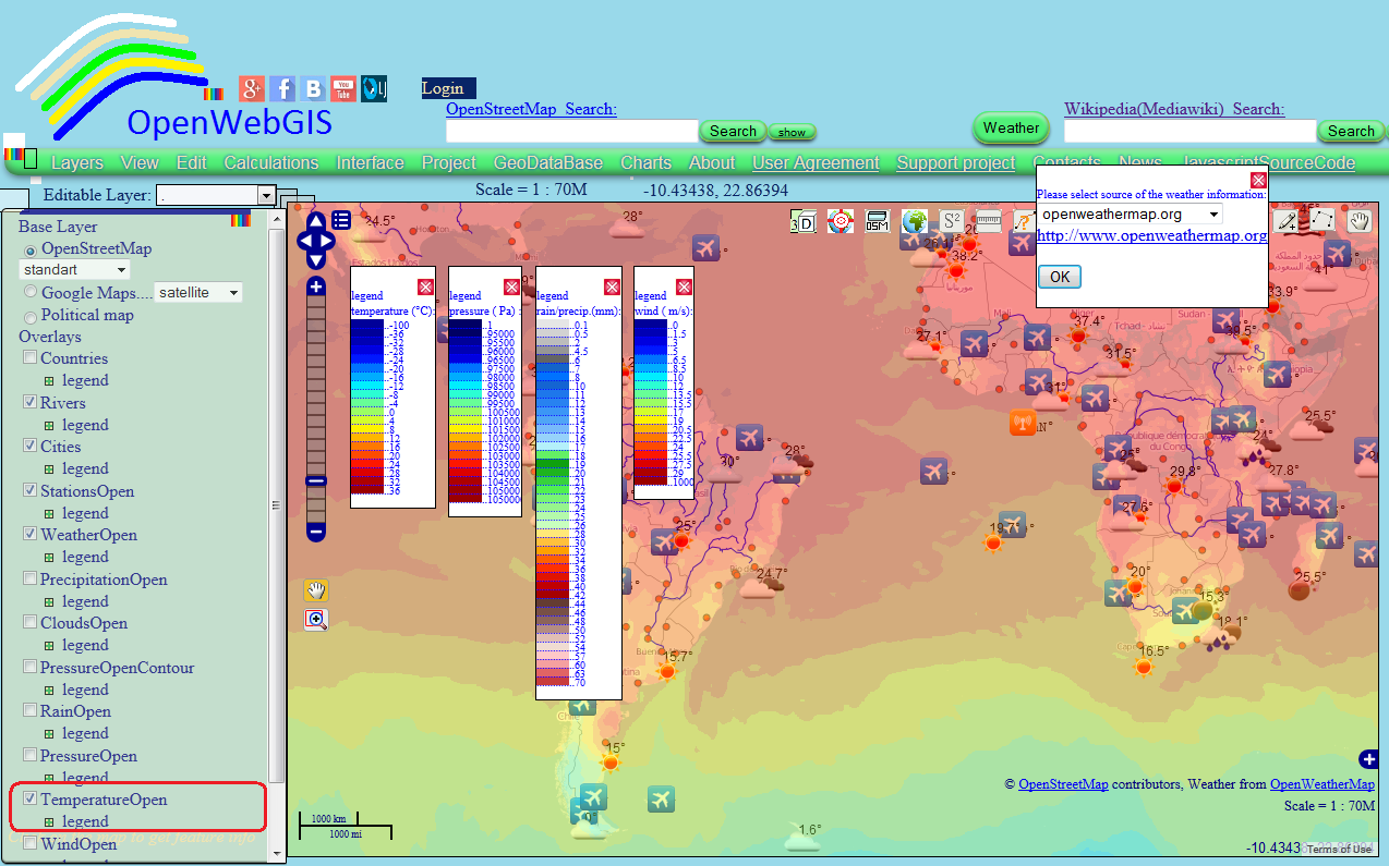 OpenWebGIS is free online GIS: Weather in OpenWebGIS