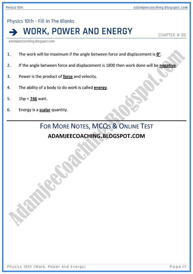 Adamjee Coaching: Work, Power And Energy - Fill in the blanks - Physics ...