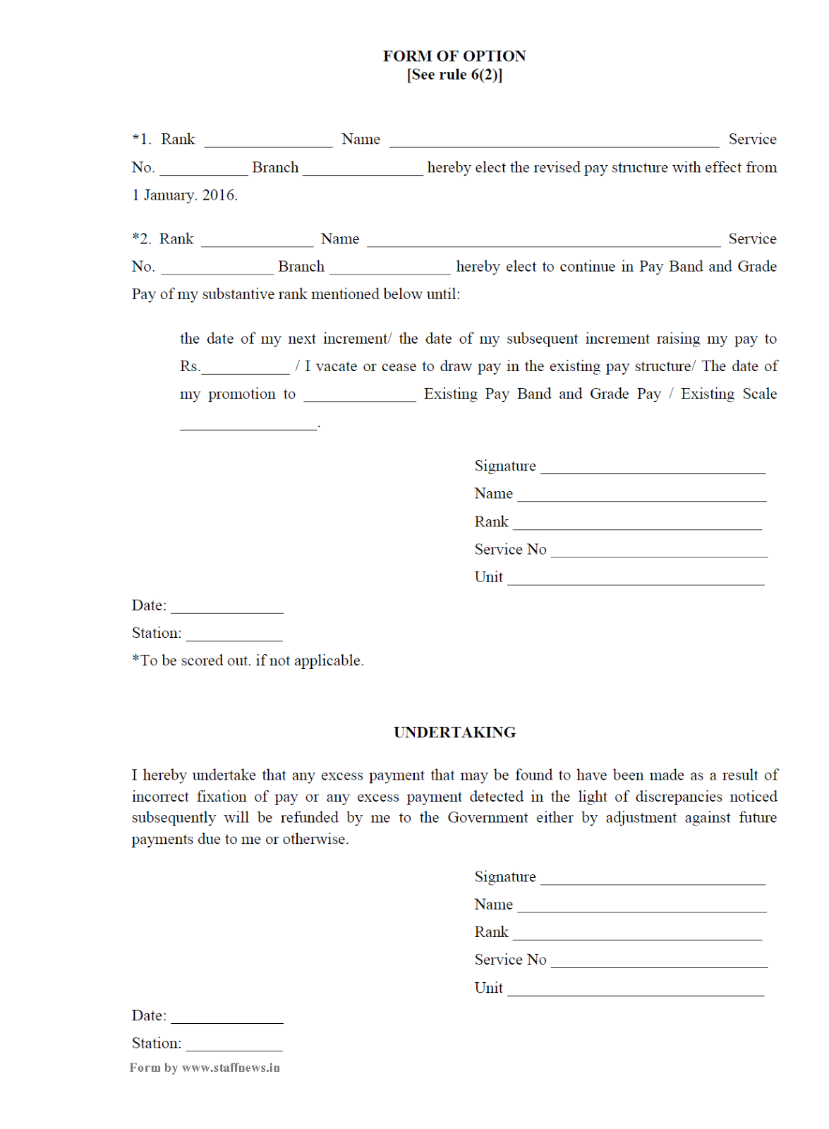 Form of Option and undertaking - 7th CPC Notification of Pay Rules ...