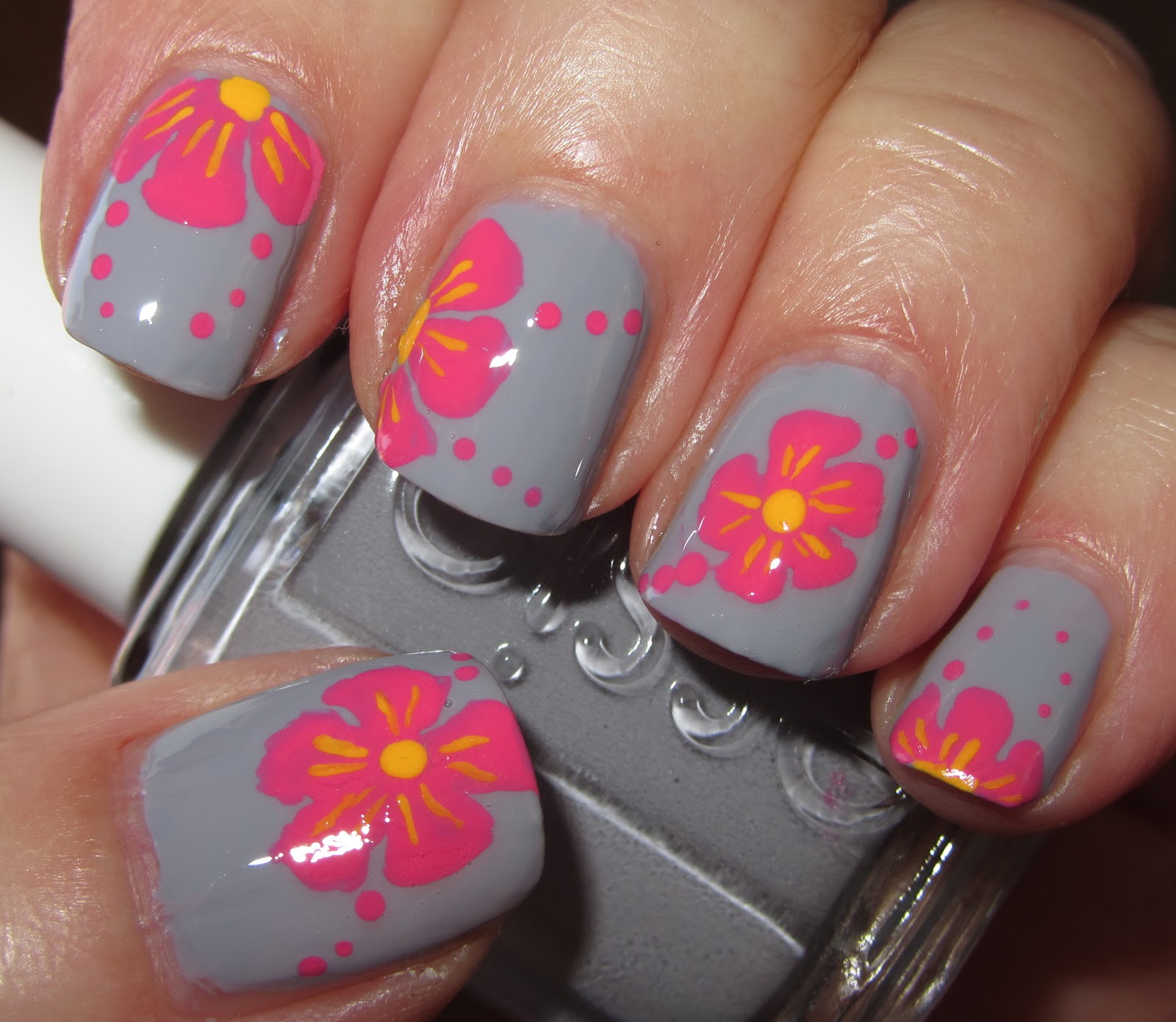 Marias Nail Art and Polish Blog: Tropical pink flowers on grey