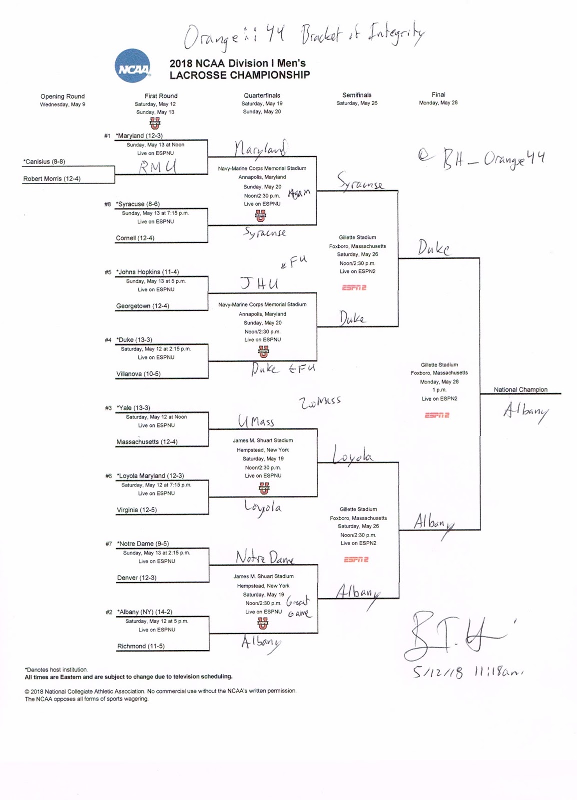 Orange::44: 2018 NCAA Lacrosse Championship Brackets