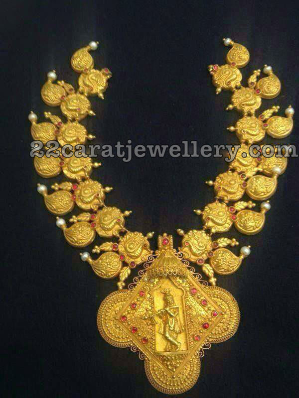 Peacock Mango Necklace with Krishna Locket - Jewellery Designs