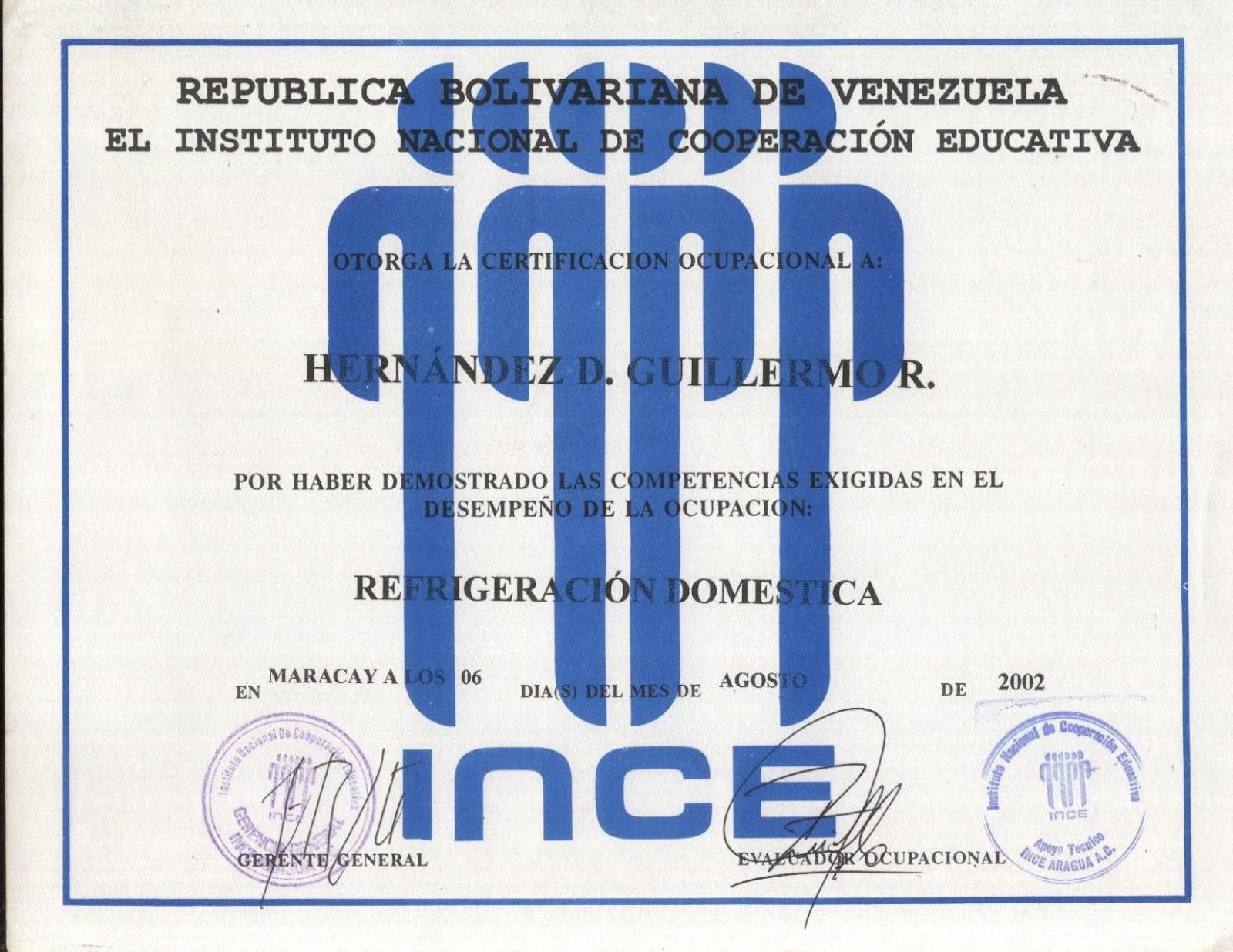 Guillermo Rafael Hernández Díaz: CERTIFICADOS DEL INCE