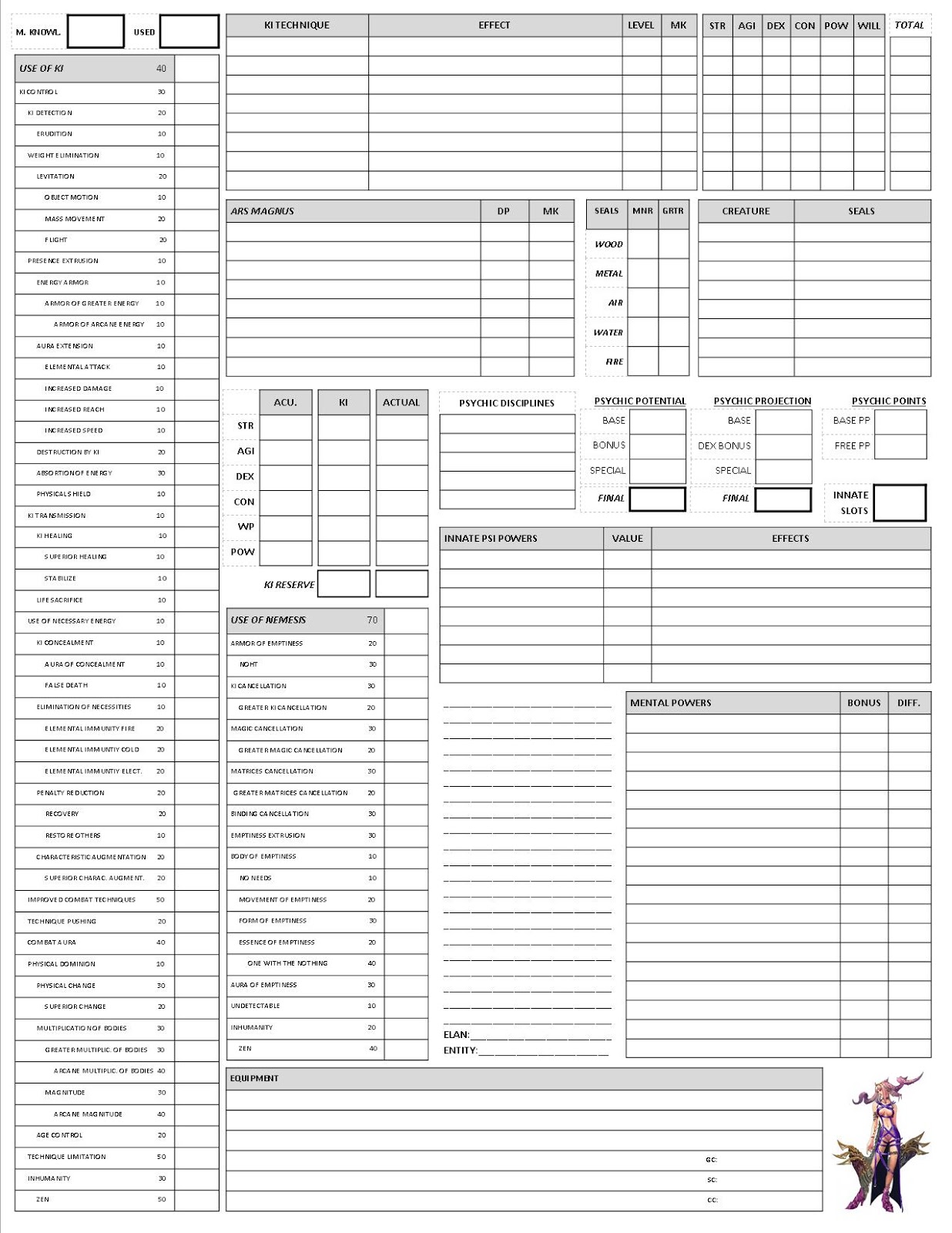 Graphite Prime: Anima: Beyond Fantasy Character Sheets