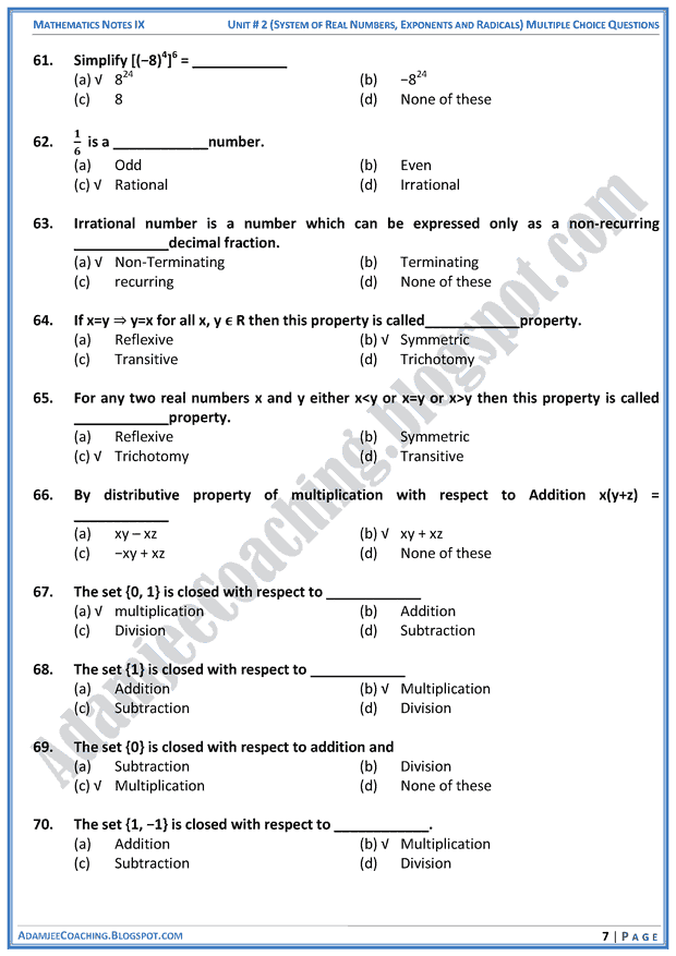 Adamjee Coaching: System of Real Numbers, Exponents and Radicals - MCQs ...