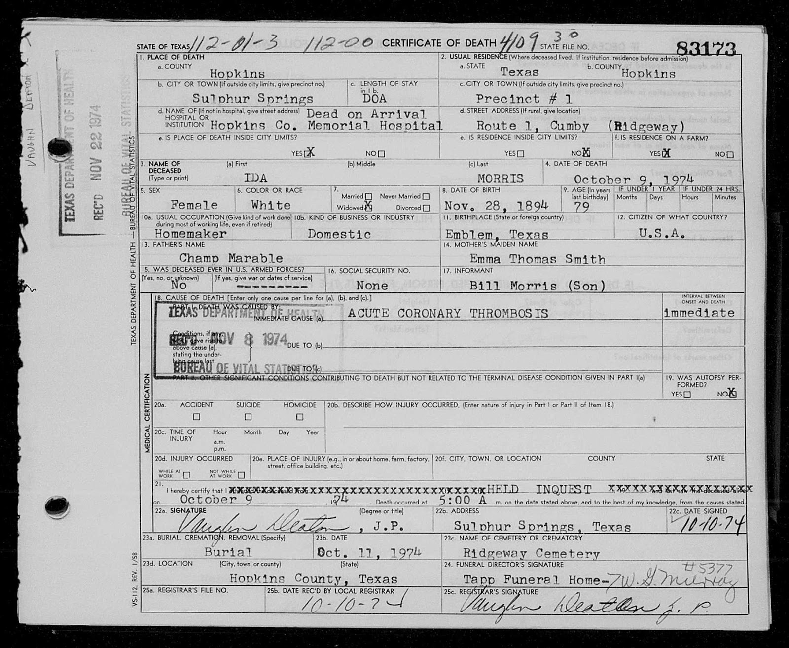 East Texas Genealogy: Ida Marable Morris death