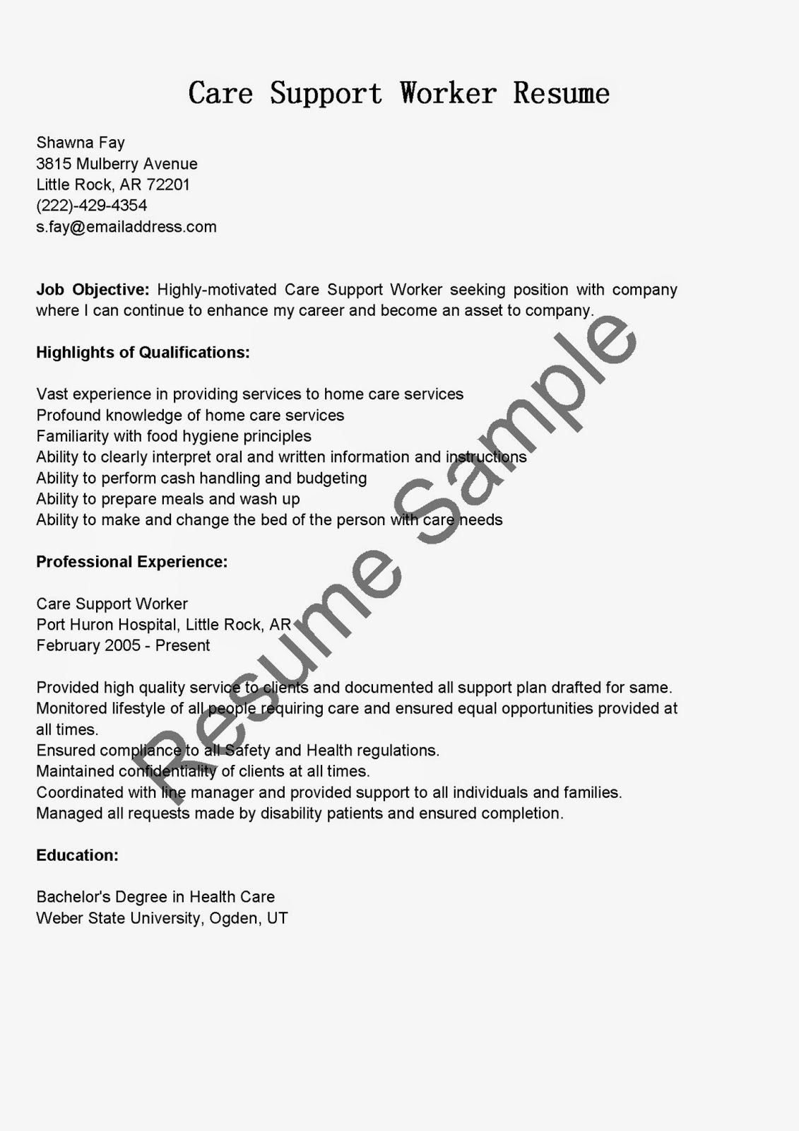 Resume Samples: Care Support Worker Resume Sample