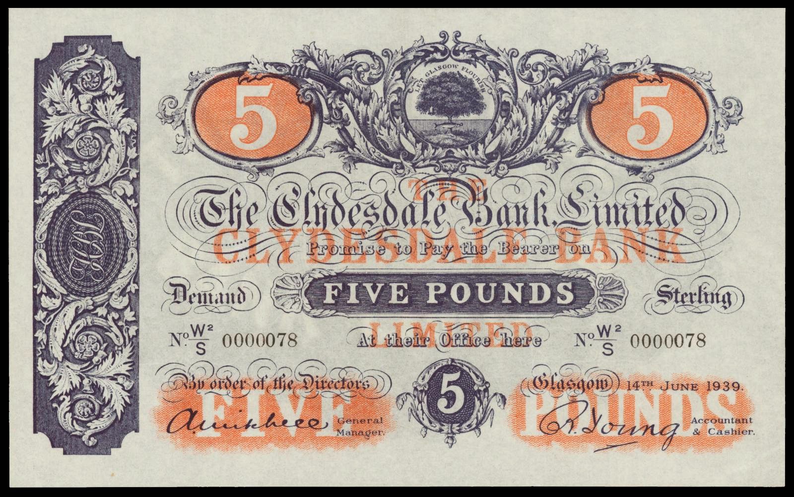 Scottish Banknotes 5 Pound Note 1939 Clydesdale Bank Limited|World ...